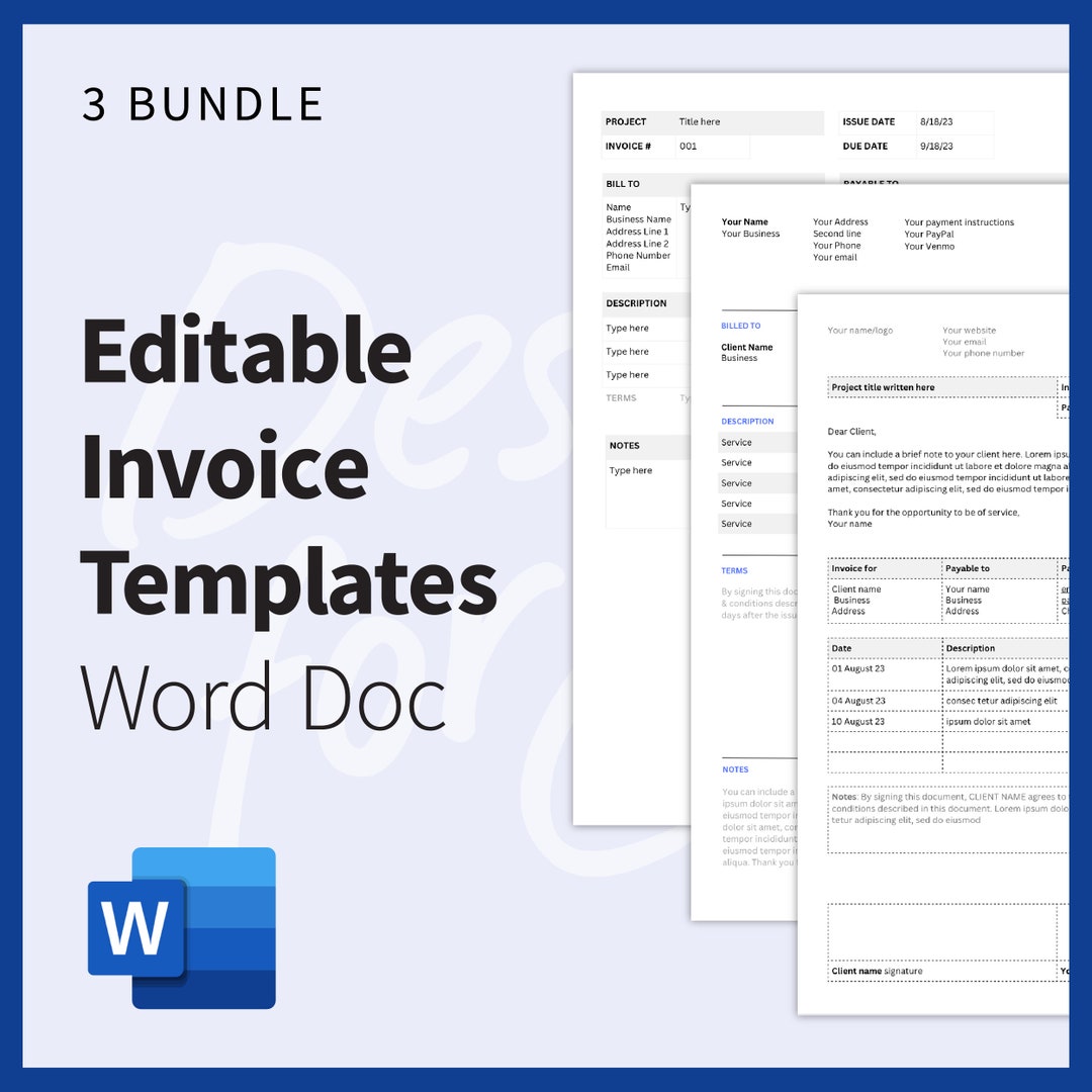 3 Word Doc Invoice Templates Editable Instant Digital Download ...