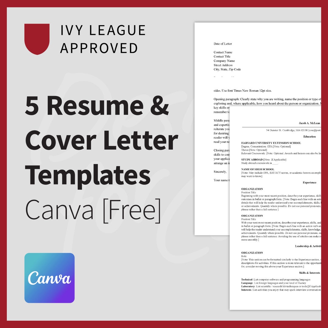 5 Canva Harvard Resume & Cover Letter Templates. Professional, Clean ...