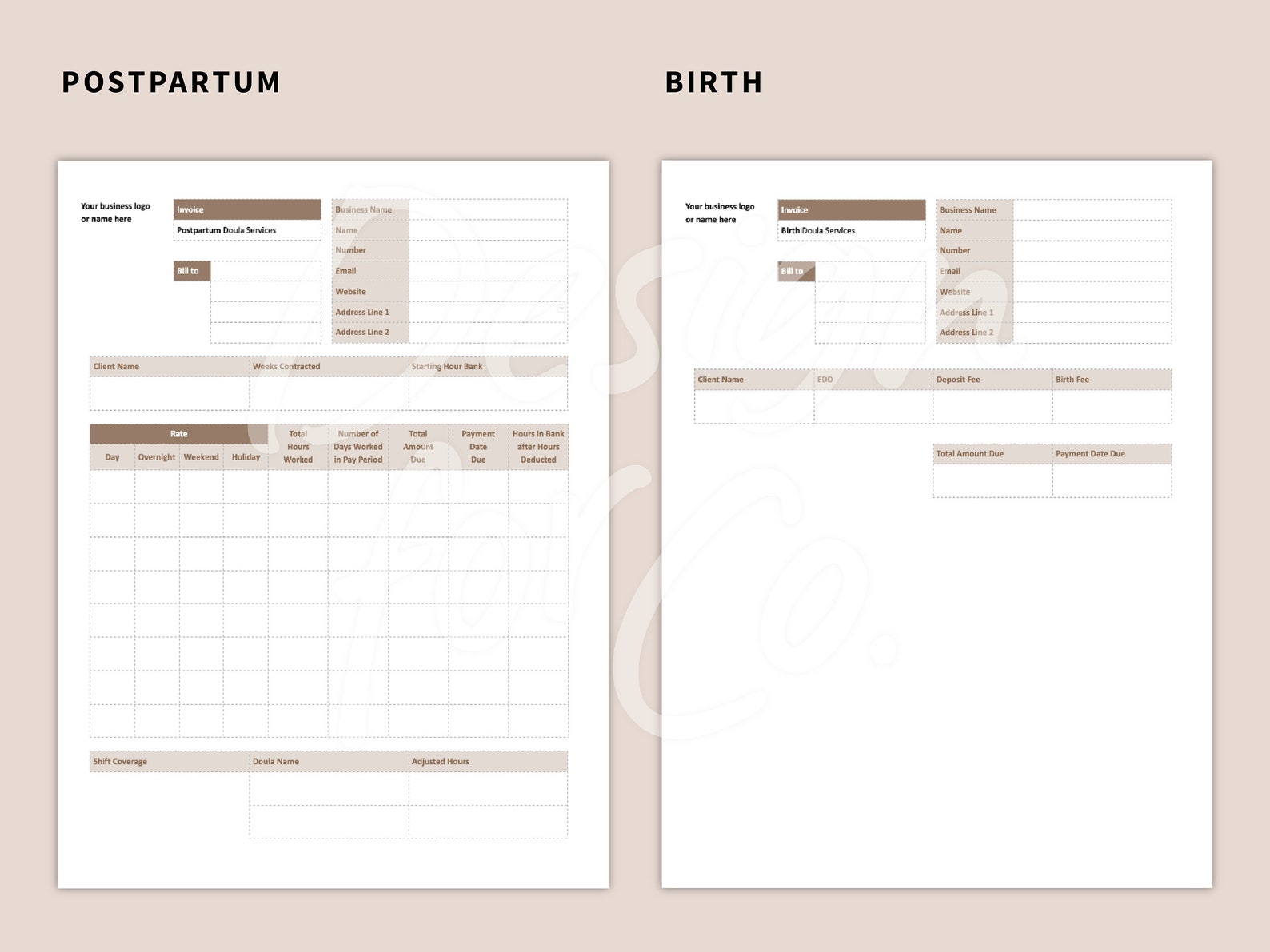 2 Tan Doula Invoice Templates. Birth & Postpartum Contract. Editable ...