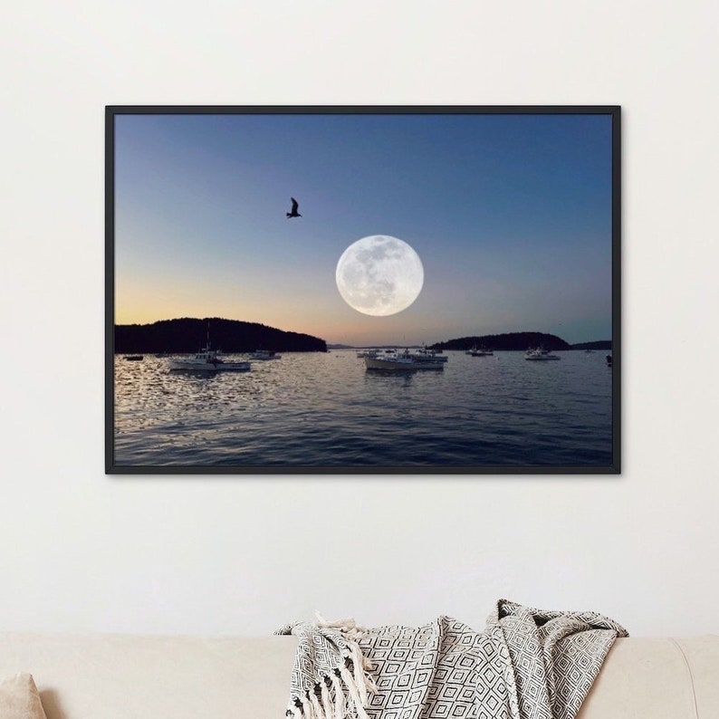 Moon Ocean Sunset Photography Print Coastal Maine Fine Art Poster ...