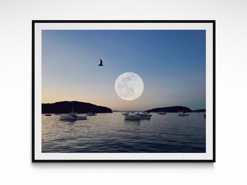 Moon Ocean Sunset Photography Print Coastal Maine Fine Art Poster ...