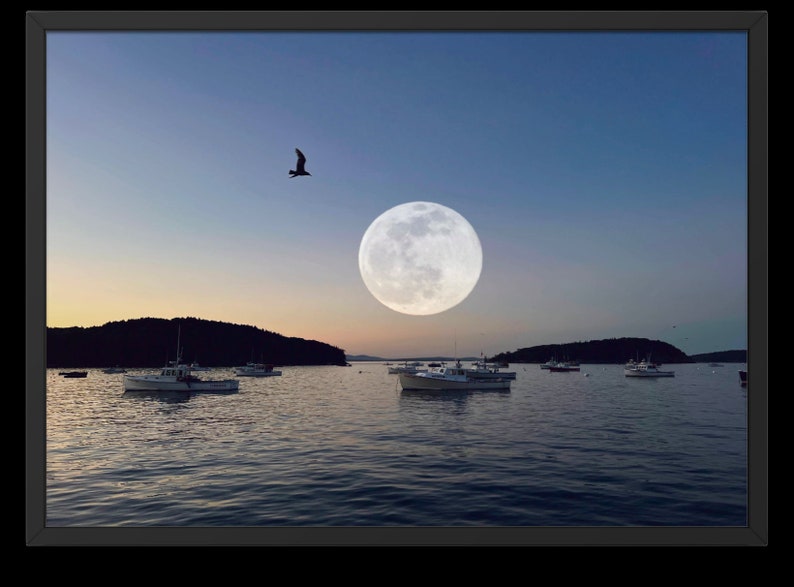 Moon Ocean Sunset Photography Print Coastal Maine Fine Art Poster ...