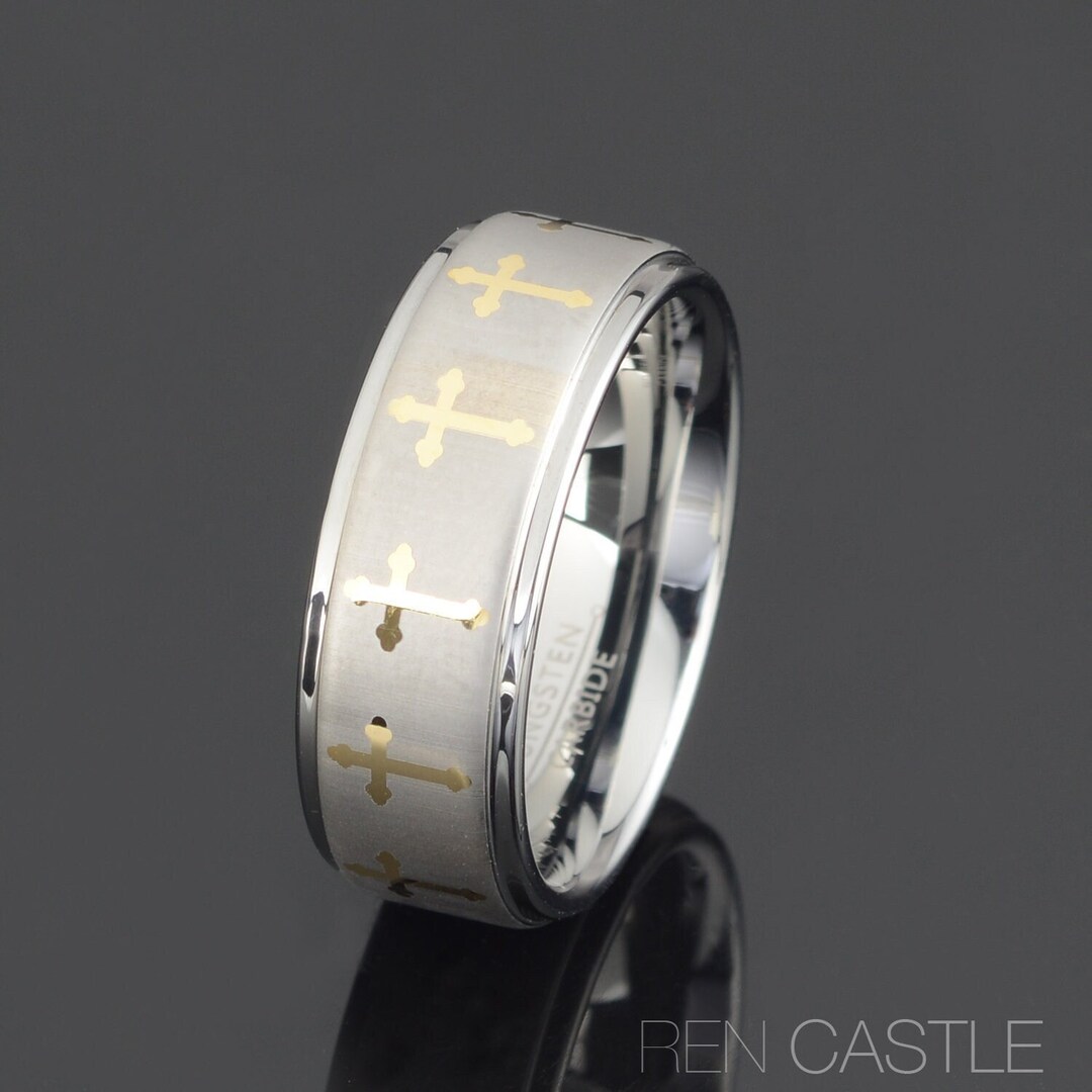 Gray Tungsten Cross Ring: 8mm Mens Wedding Band, Free Engraving - Etsy