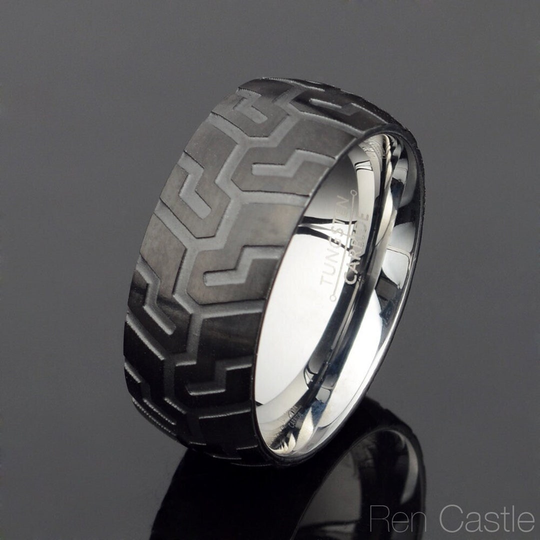 Black Tungsten Ring: 9mm Tire Tread Design, Free Engraving - Etsy