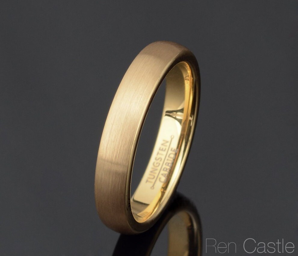 Yellow Gold Tungsten Wedding Band 4mm Brushed Ring Domed | Etsy