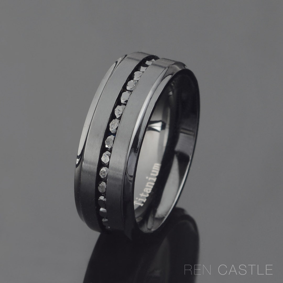Mens Titanium Wedding Band Black Titanium Ring Channel Setting CZ ...