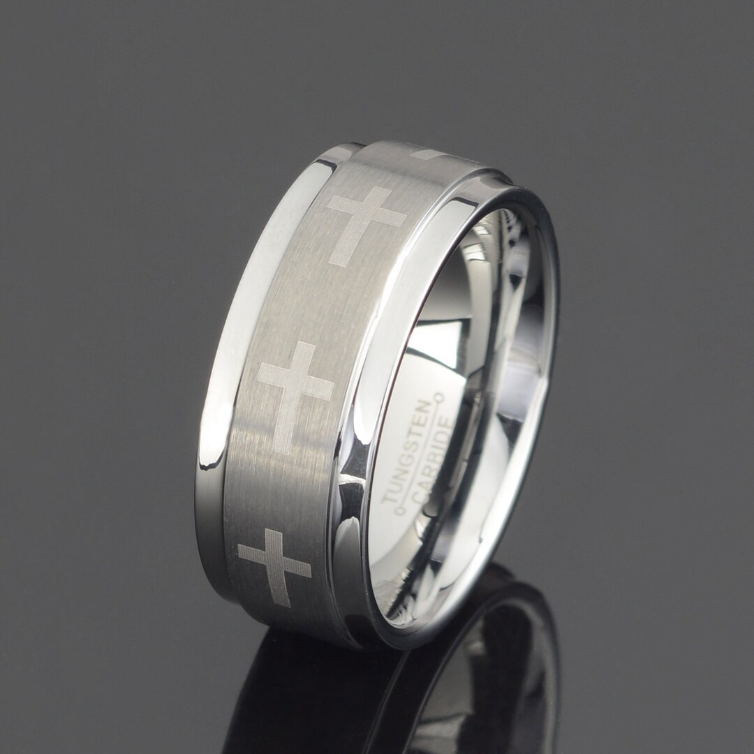 Gray Tungsten Ring Mens Cross Wedding Band Cross Ring 9mm Band Mens ...