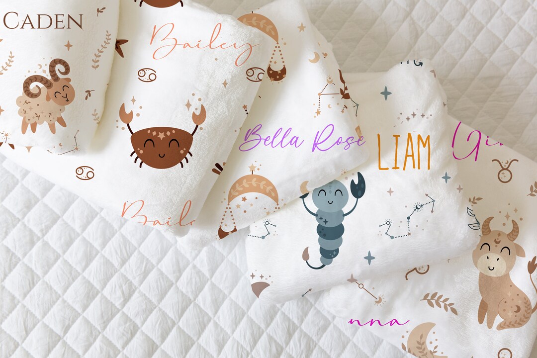 Zodiac Sign Personalized Name Baby Minky Blanket, Swaddle for Newborns ...