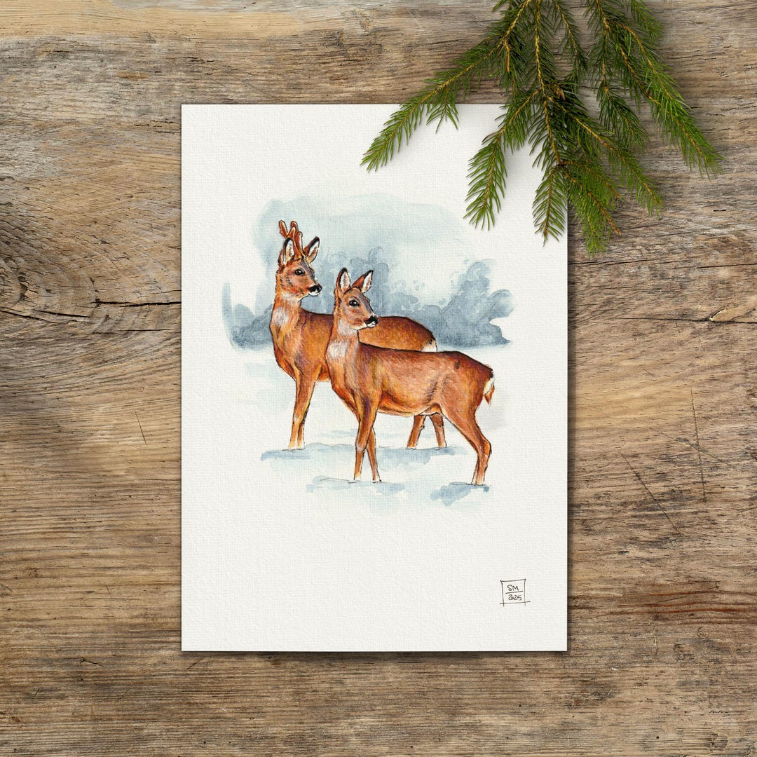 A4 Original Watercolor Painting Roe Deer in Winter Snow Roebuck ...