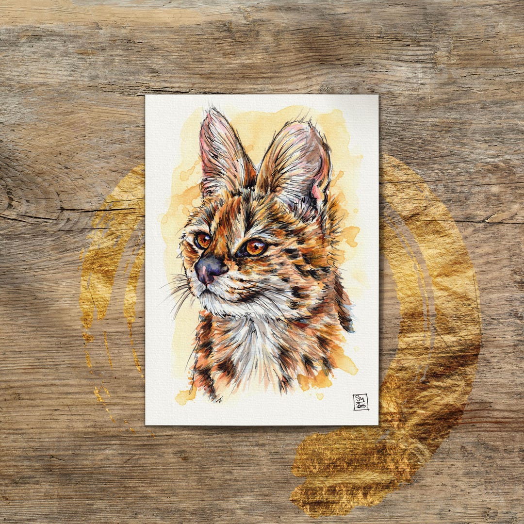 A5 Original Watercolor Painting Serval Leptailurus Serval Cat No Print ...