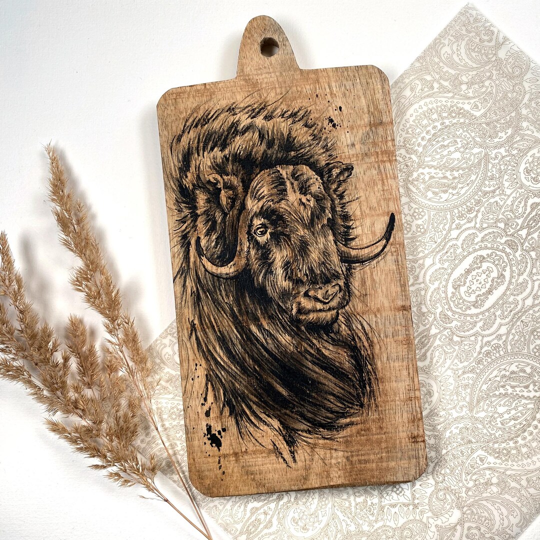Wooden Slice Board With Handmade Drawing Musk Ox Muskox Ovibos ...