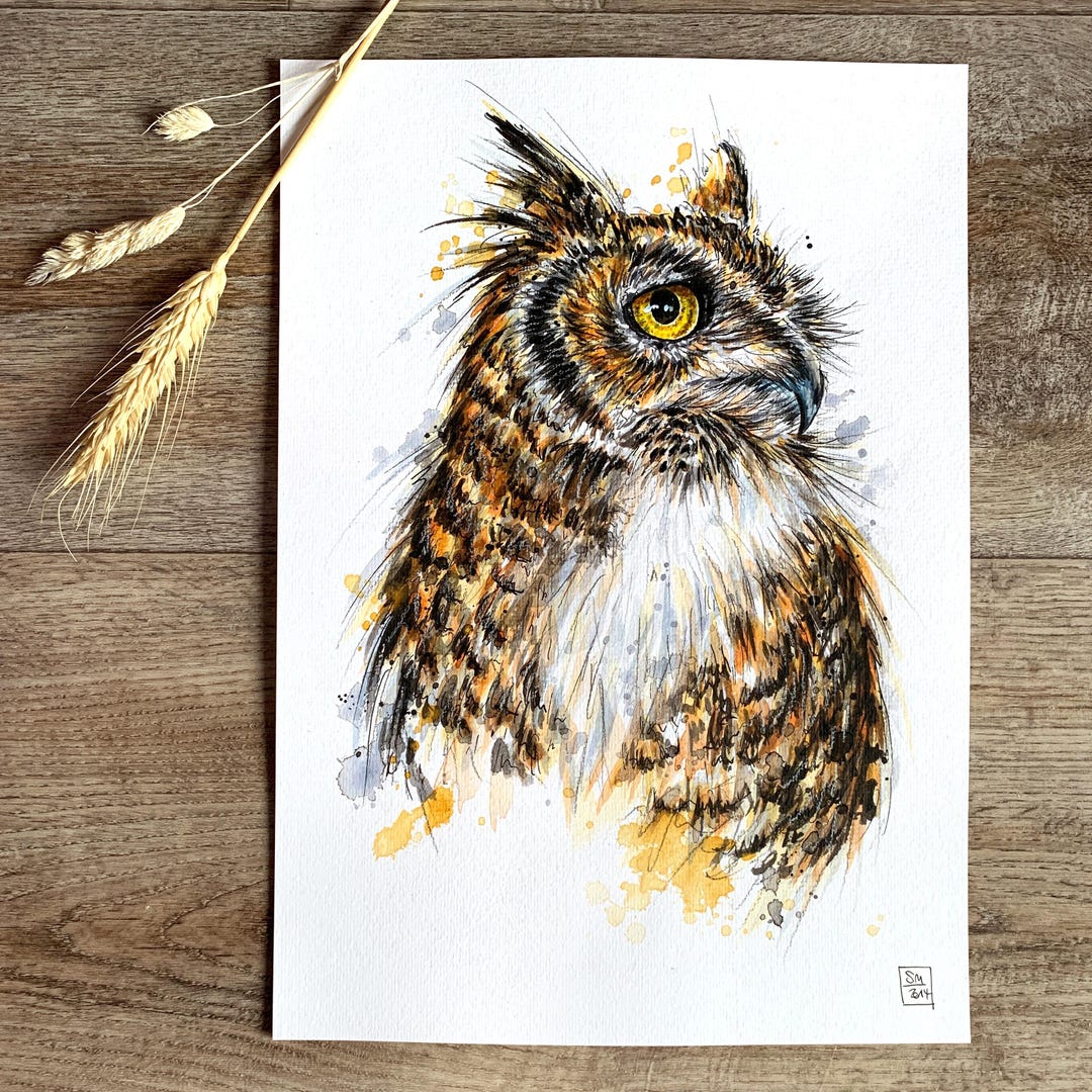 A4 Original Watercolor Painting Great Horned Owl Bubo Virginianus No ...