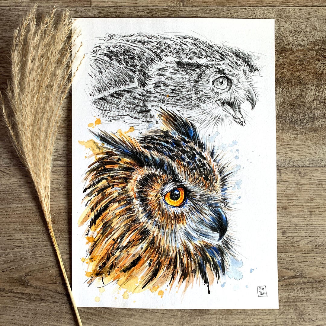 A4 Original Watercolor Painting Eurasian Eagle-owl Owl Bubo Bubo No ...
