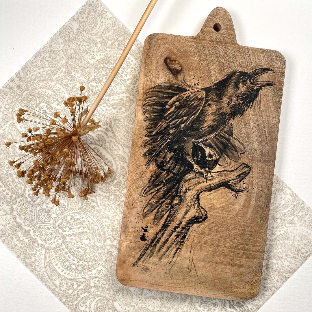 Wooden Slice Board With Handmade Drawing Common Raven Corvus Corax ...