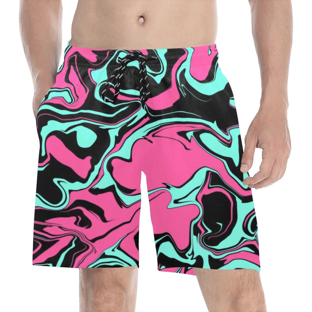 Pink Turquoise and Black Abstract Melt Men's Mid-length Swim Shorts ...