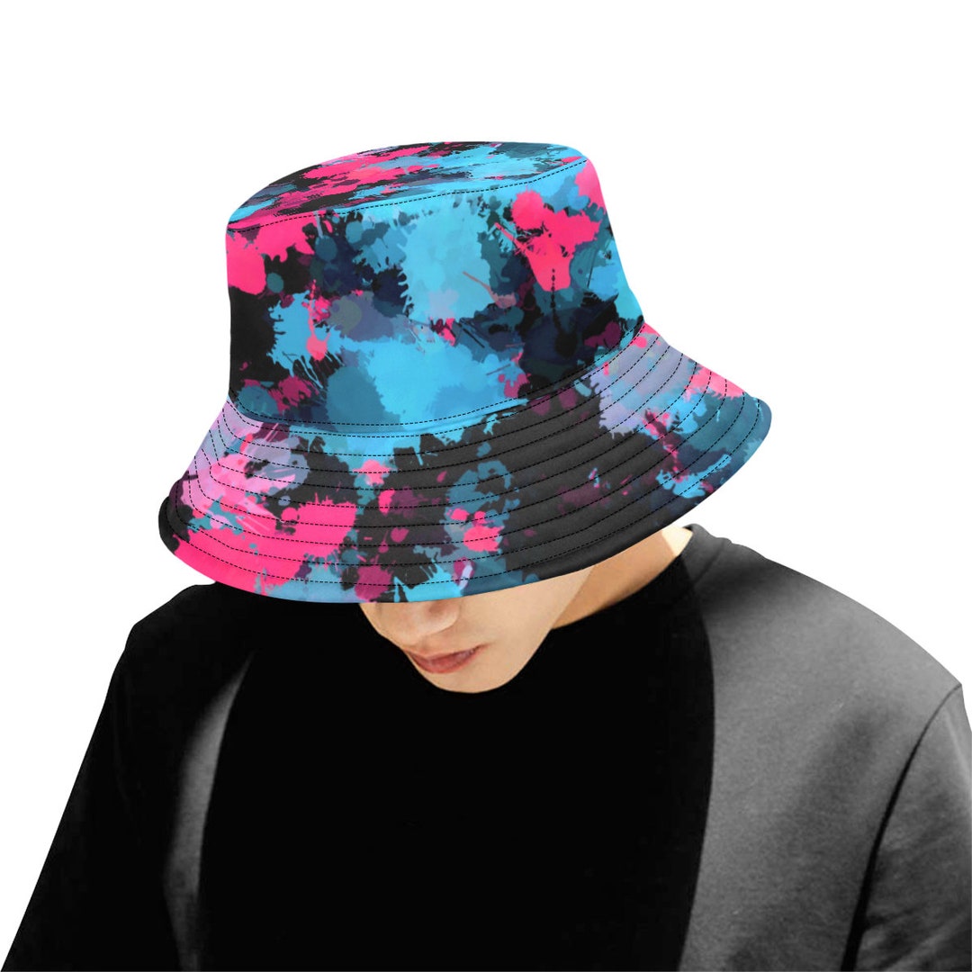 Pink and Blue Paint Splatter Bucket Hat | UV Blacklight Reactive - Etsy
