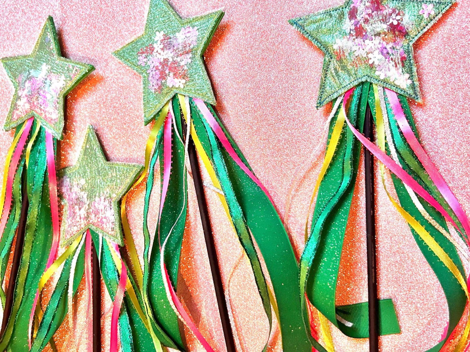 Sparkly Star Wand, Glitter Princess Wand, Green Ribbon Play Wand, Fairy ...