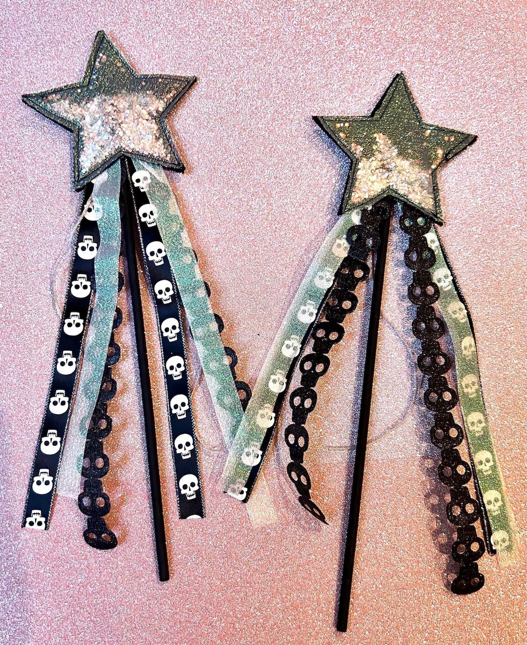 Sparkly Star Wand, Glitter Princess Wand, Black Ribbon Play Wand, Fairy ...