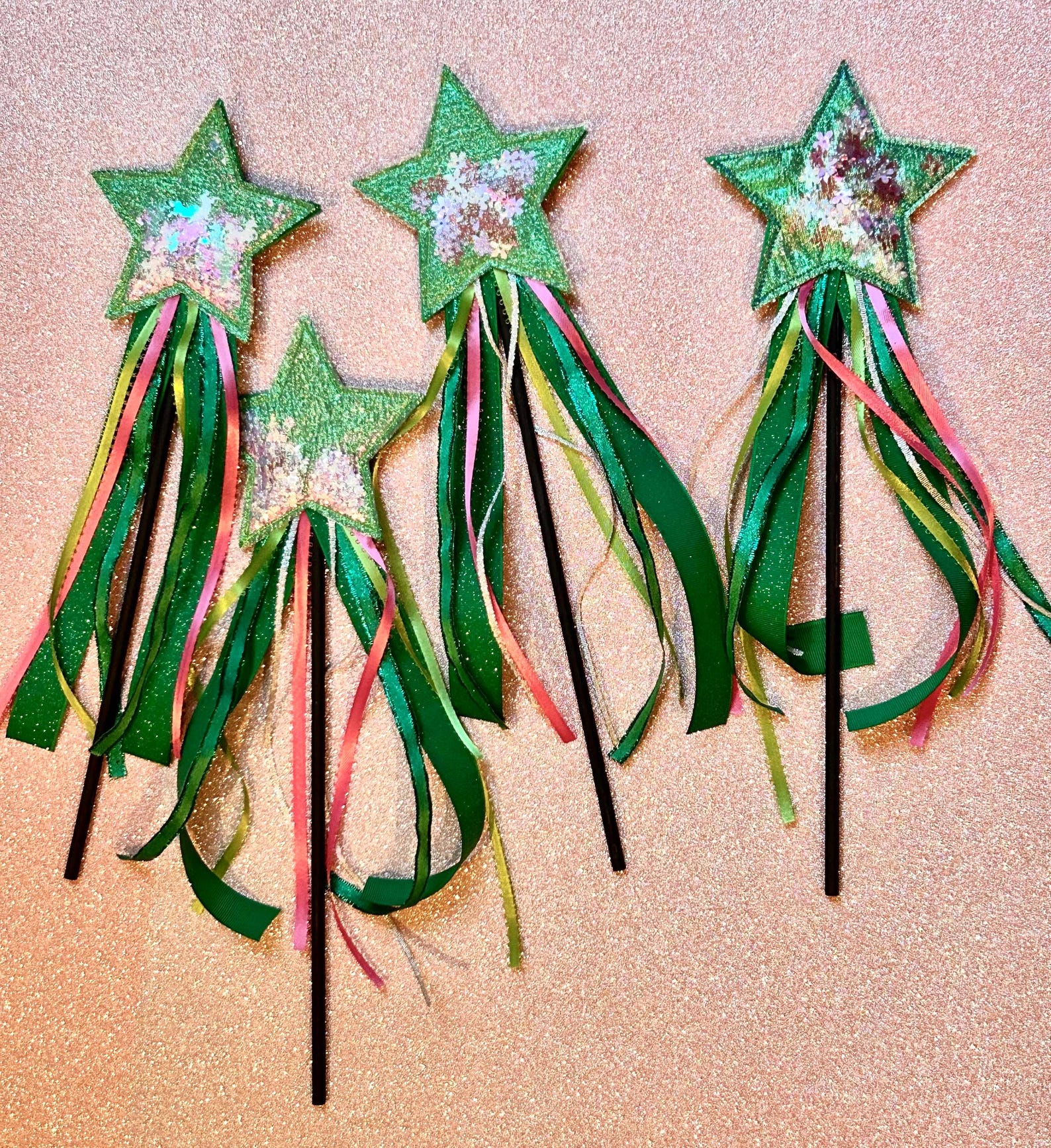 Sparkly Star Wand, Glitter Princess Wand, Green Ribbon Play Wand, Fairy ...