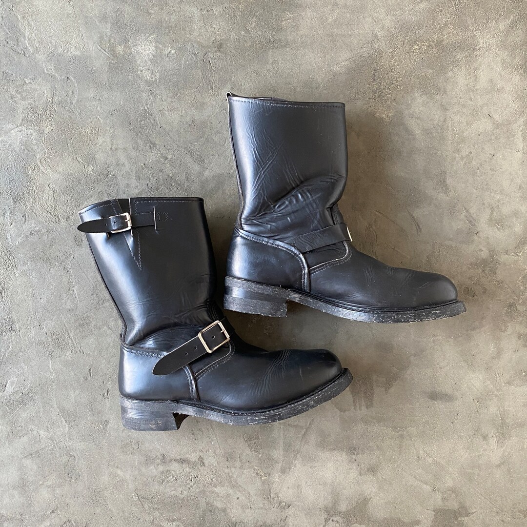 80s Vintage Motorcycle Engineer Black Leather Biker Boots Grunge Steel ...