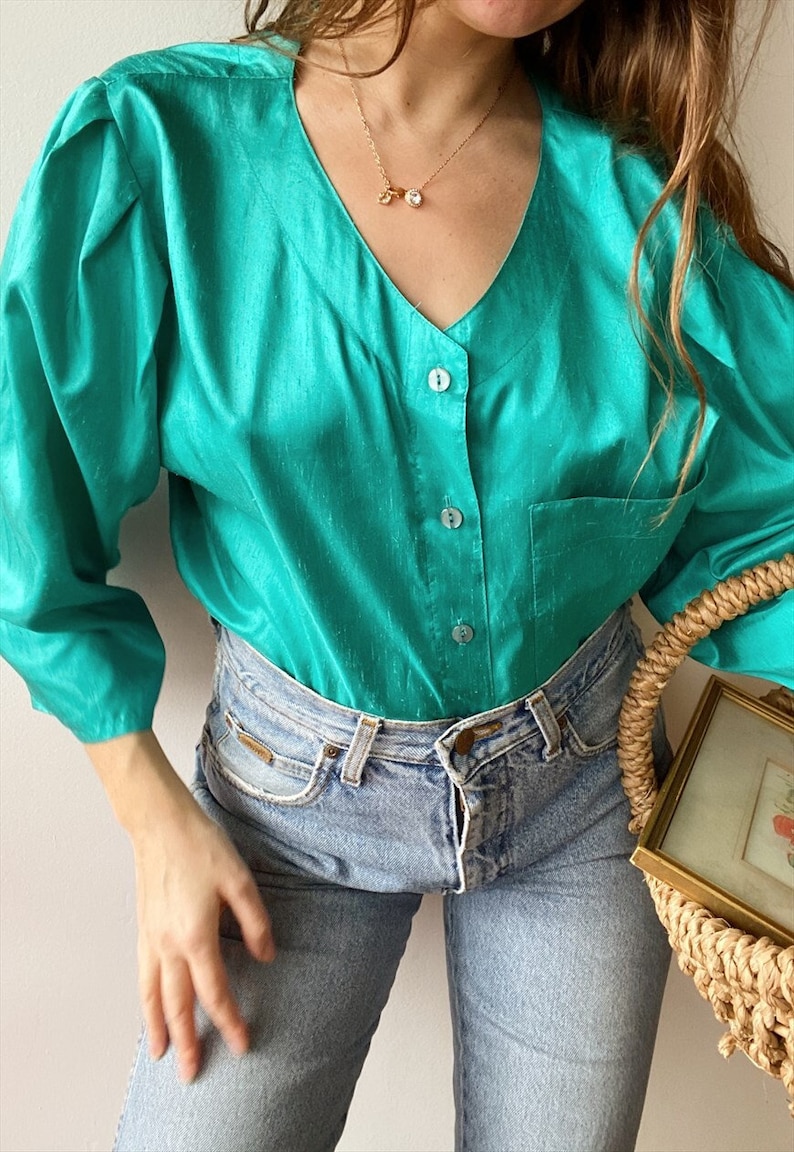 Vintage 80s Puff Sleeve Parisian Satin Glossy Blouse Top Betty Etsy