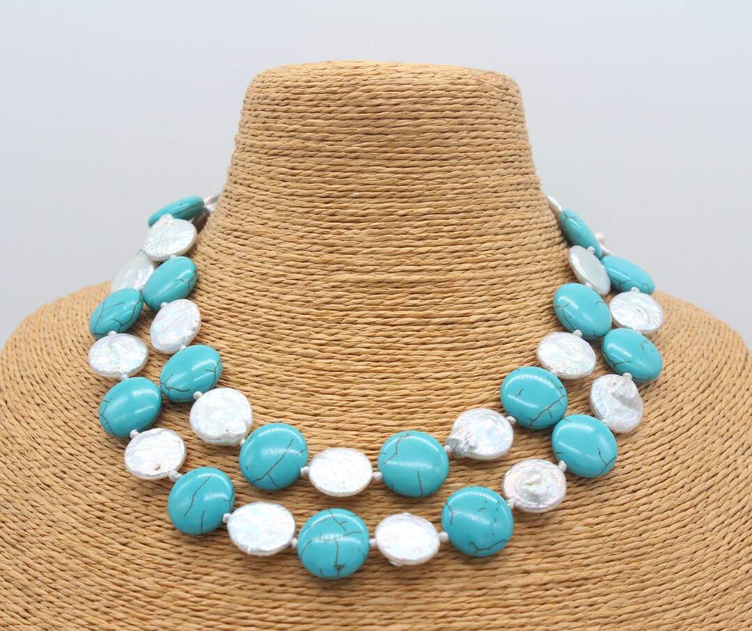 Natural White Freshwater Pearls&blue Turquoise Beading Necklace ...