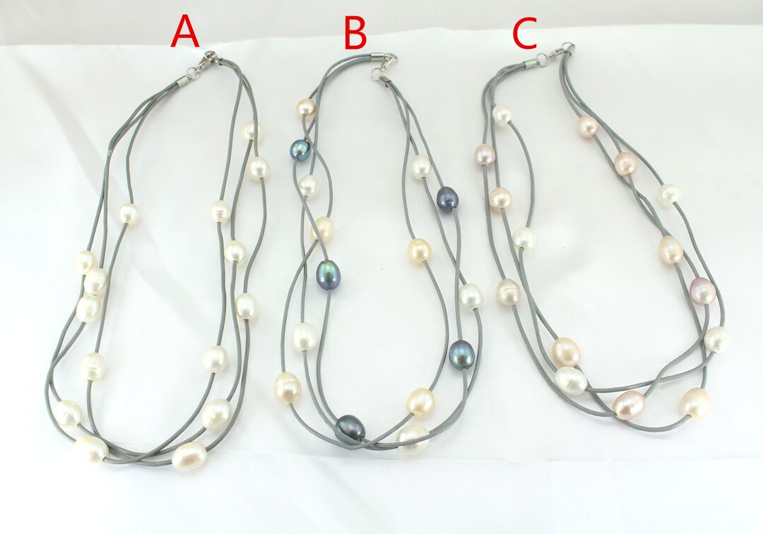 3 Rows Natural Potato Pearsl Leather Necklace,pearl and Leather Lariat ...