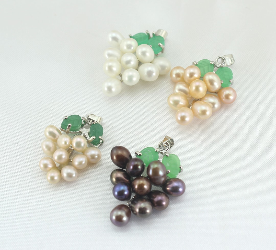 5-6mm Grape Shaped Pearls With Green Leaf Pendants,silver Plated ...