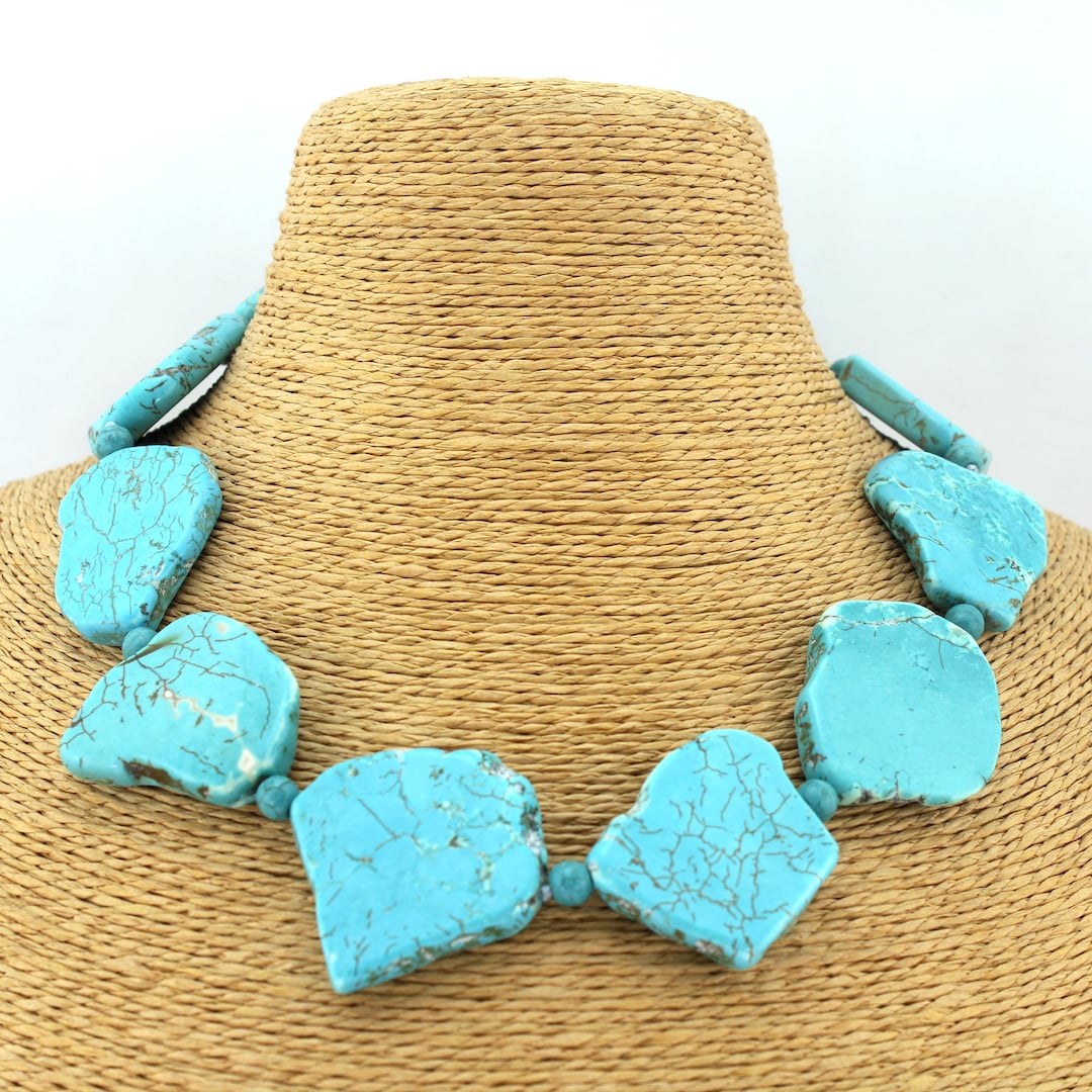 Flat Chunky Turquoise Necklace,slab Turquoise Beaded Necklace,blue ...