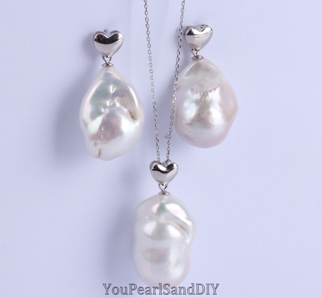 15-18x21-24mm Natural Pearl Set,silver Heart Metal Pearls Earrings ...