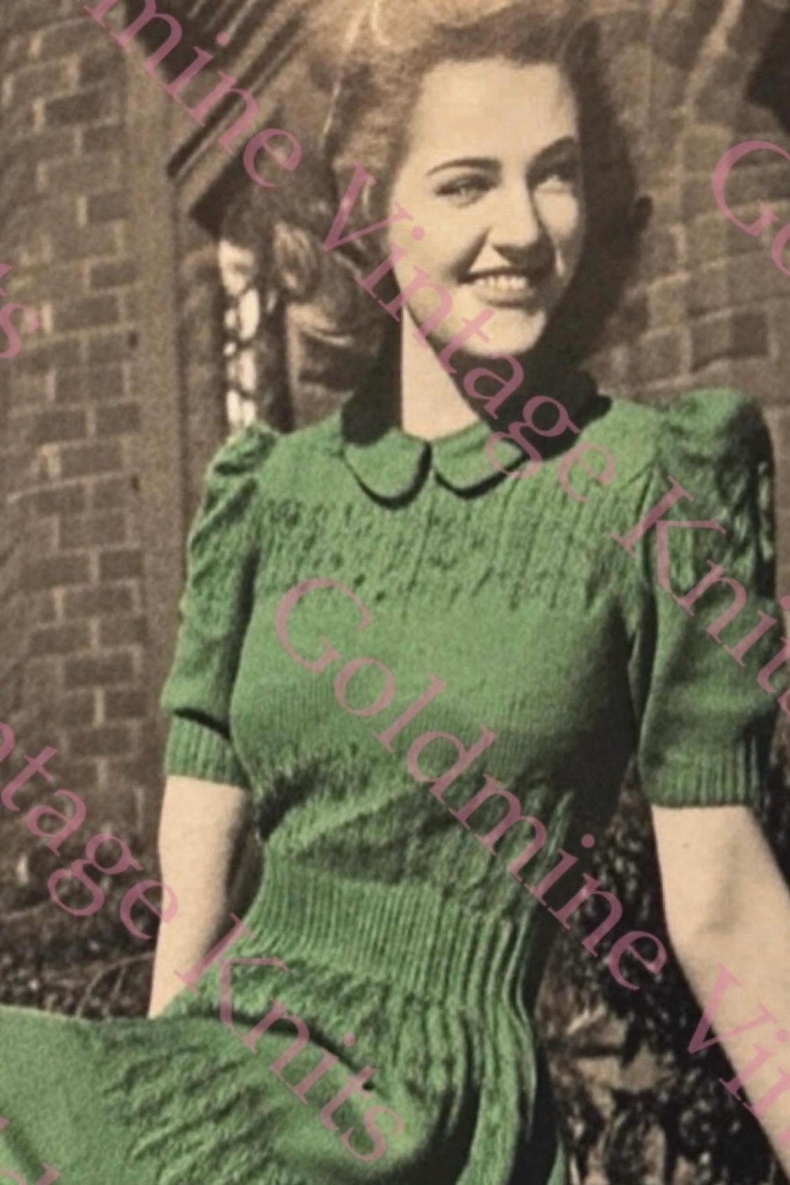 1940s Lace Knit Dress Pattern – Puff Sleeve Wartime Style (PDF Download ...