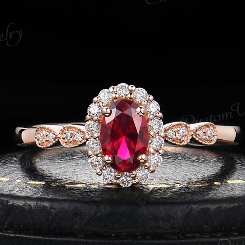 Oval Ruby Engagement Ring Rose Gold Vintage Diamond Micro Pave - Etsy