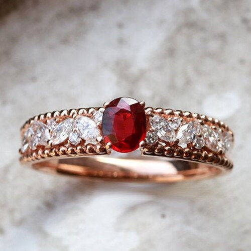 Oval Ruby Engagement Ring Rose Gold Vintage Diamond Micro Pave - Etsy