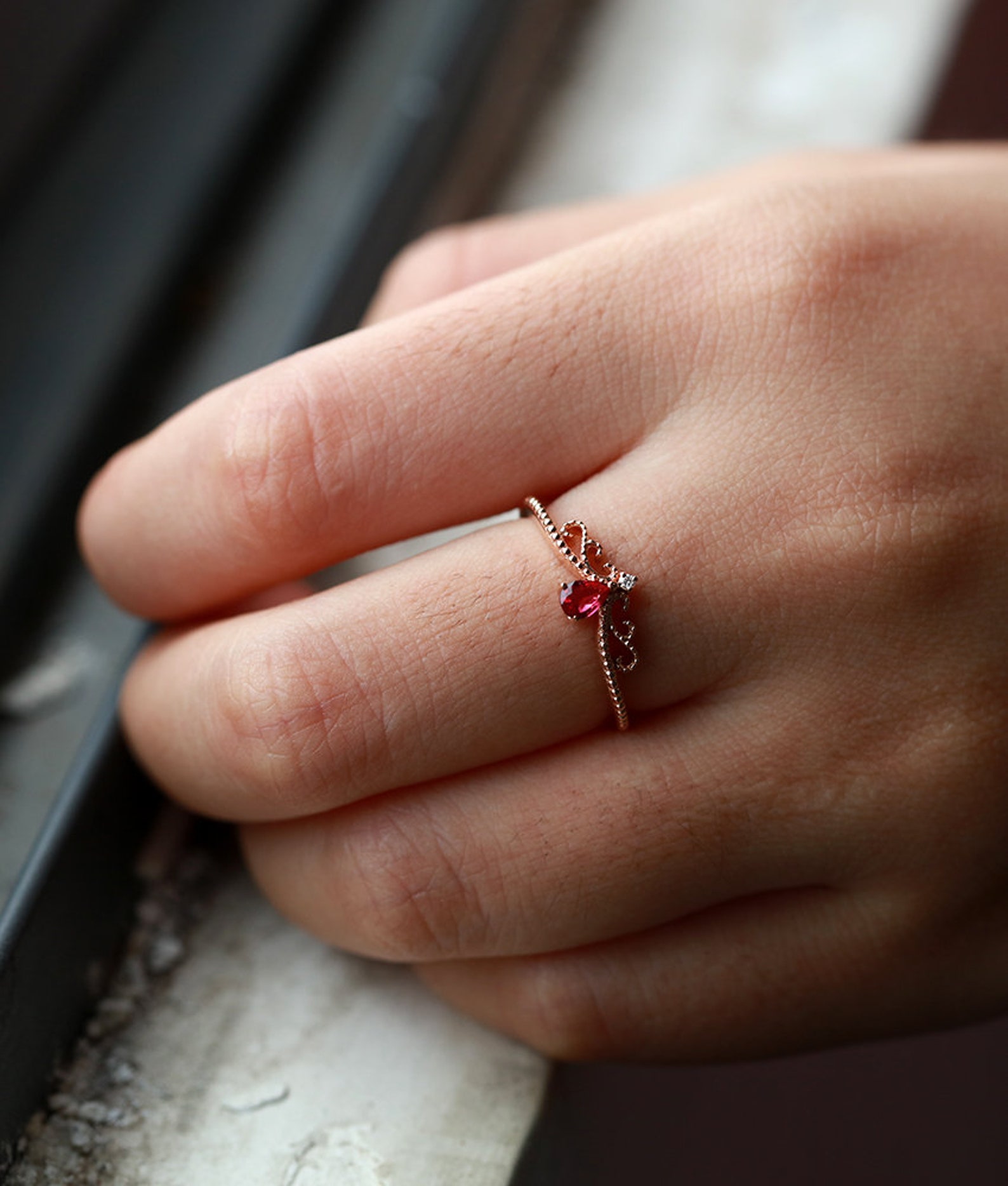 Curved ruby engagement ring rose gold diamond milgrain ring | Etsy