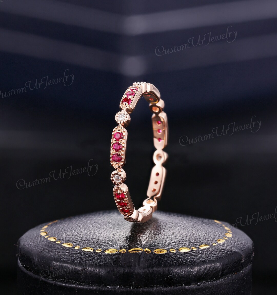 Vintage Ruby Wedding Band Rose Gold Women Moissanite Ring Antique ...