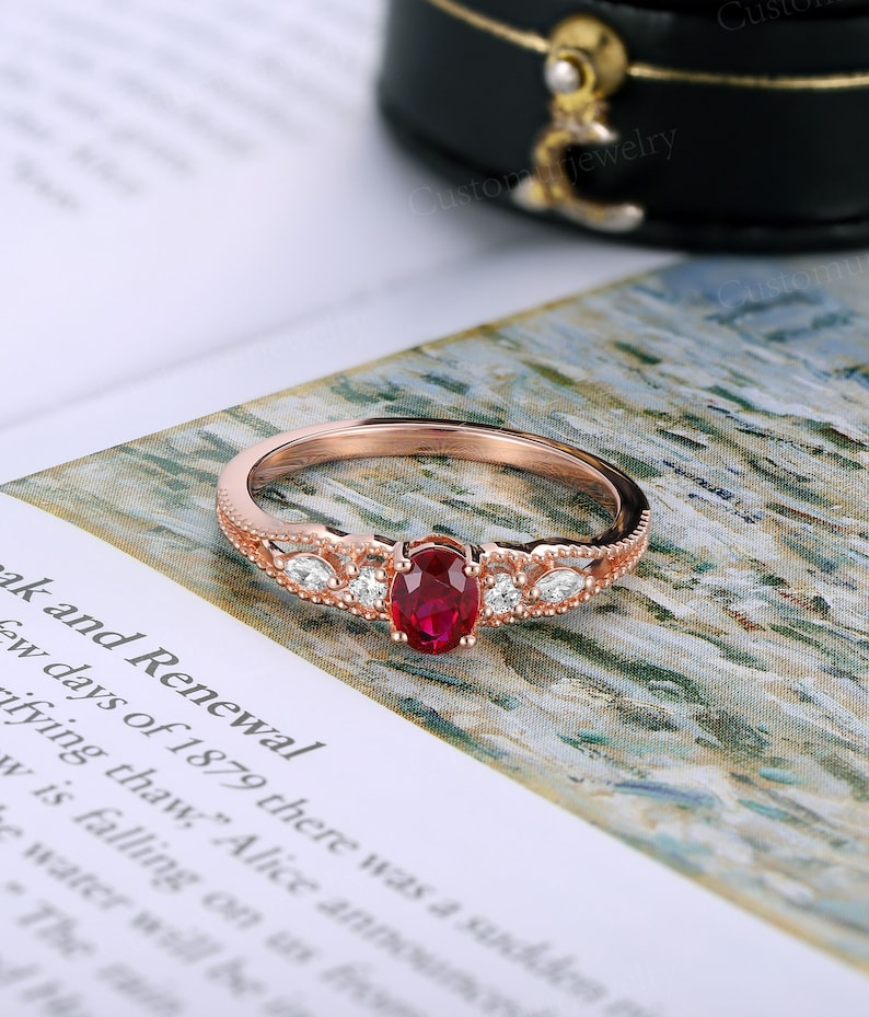 Custom Oval Ruby Ring With CZ, Sterling Silver Milgrain Design ...