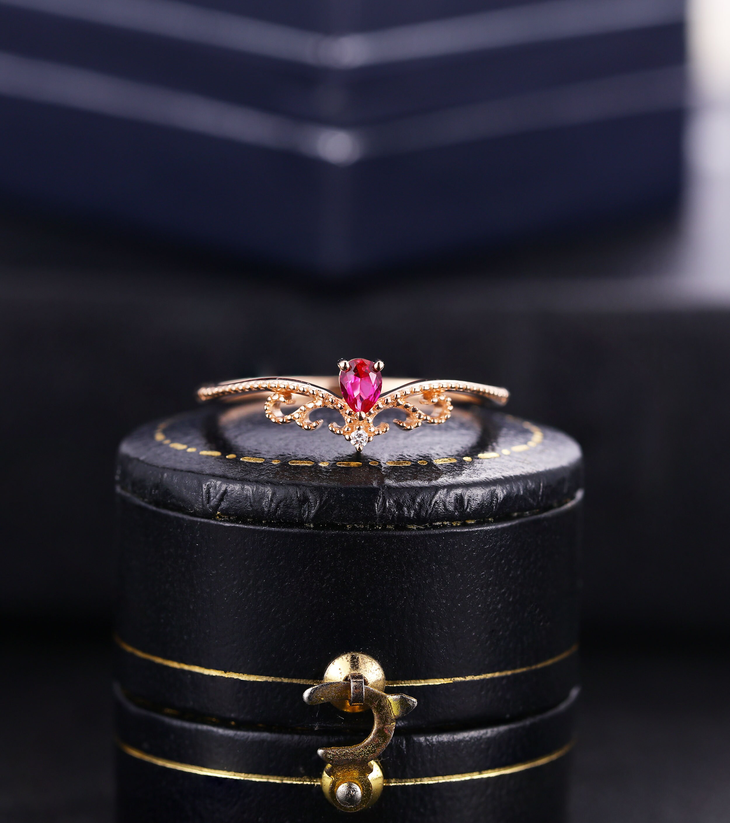 Curved ruby engagement ring rose gold diamond milgrain ring | Etsy