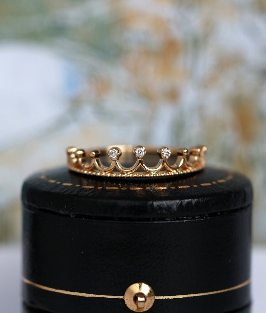 Diamond Wedding Band Crown Engagement Ring Rose Gold Ring | Etsy