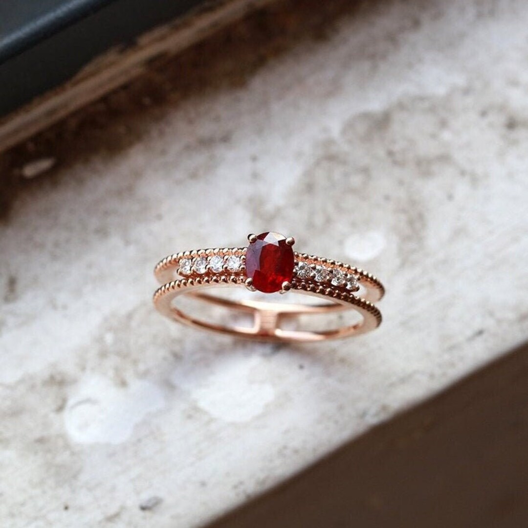 Ruby Double Shank Ring Side Stone Moissanite & CZ Ring Light Retro ...