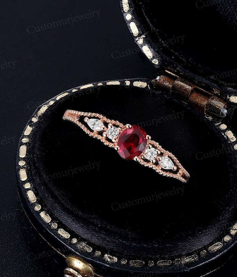 Custom Oval Ruby Ring With CZ, Sterling Silver Milgrain Design ...