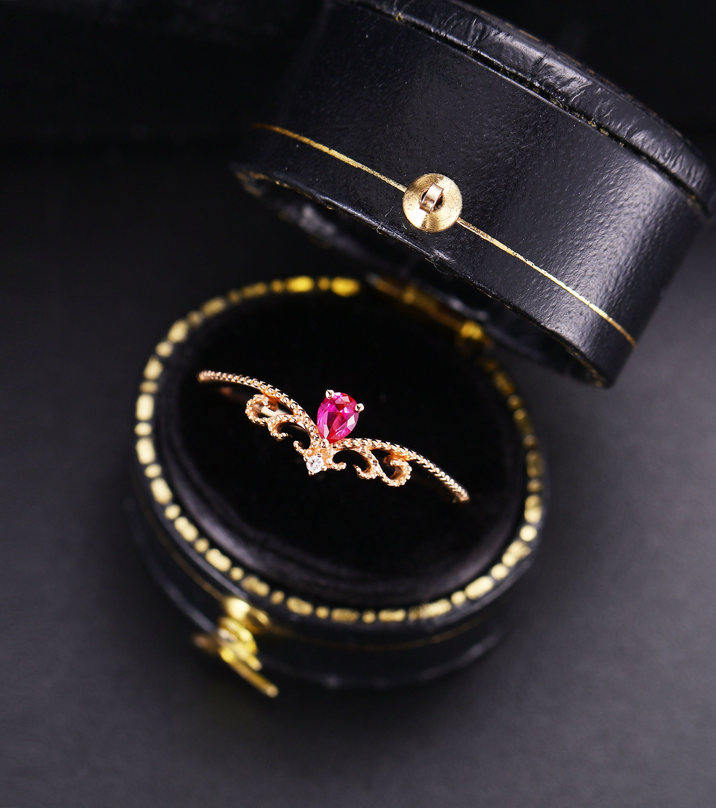 Curved ruby engagement ring rose gold diamond milgrain ring | Etsy