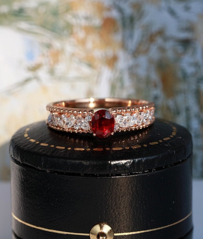 Oval Ruby Engagement Ring Rose Gold Vintage Diamond Micro Pave | Etsy