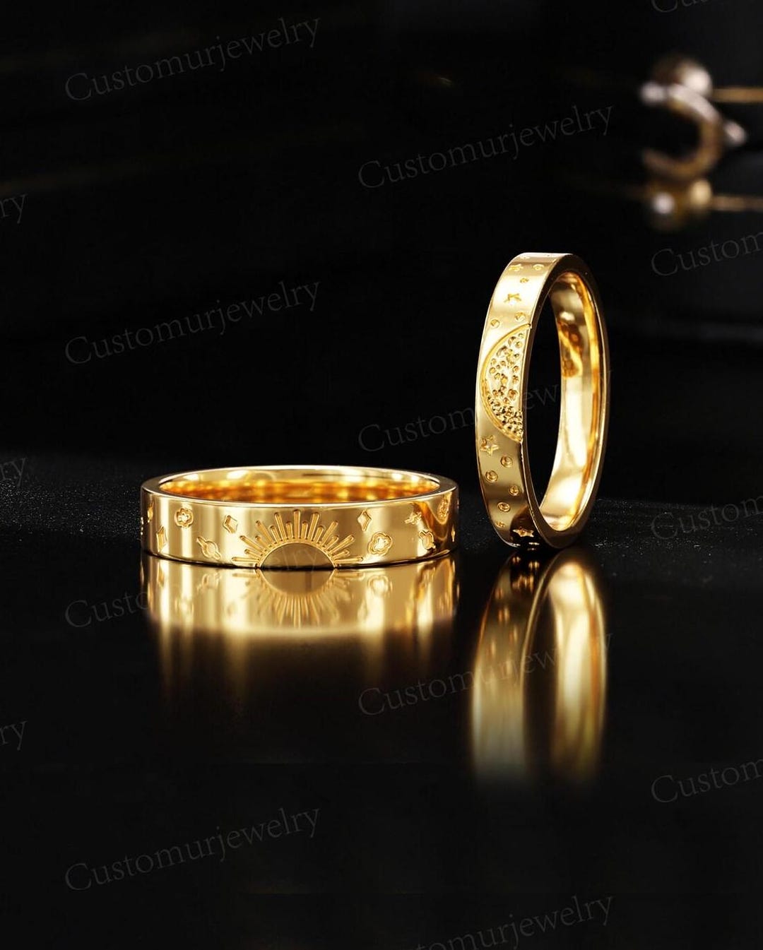 Celestial Sun & Moon Couple Bands, Gold Matching Promise Ring, Engraved ...