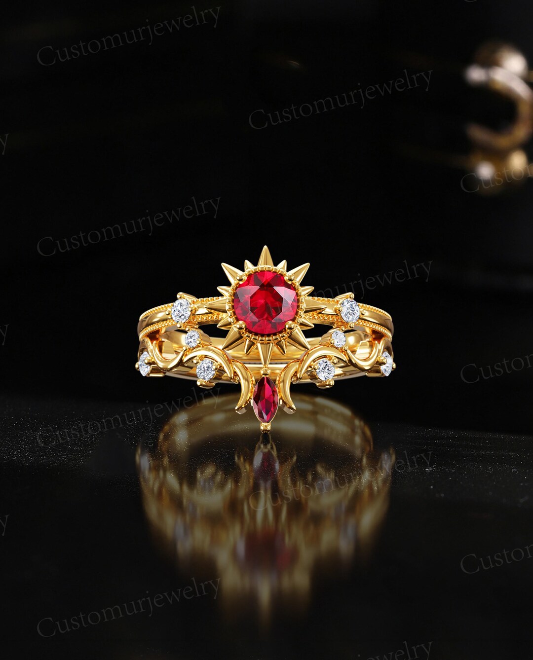 Vintage Celestial Ruby Engagement Ring Set, Sun and Moon Bridal Set ...
