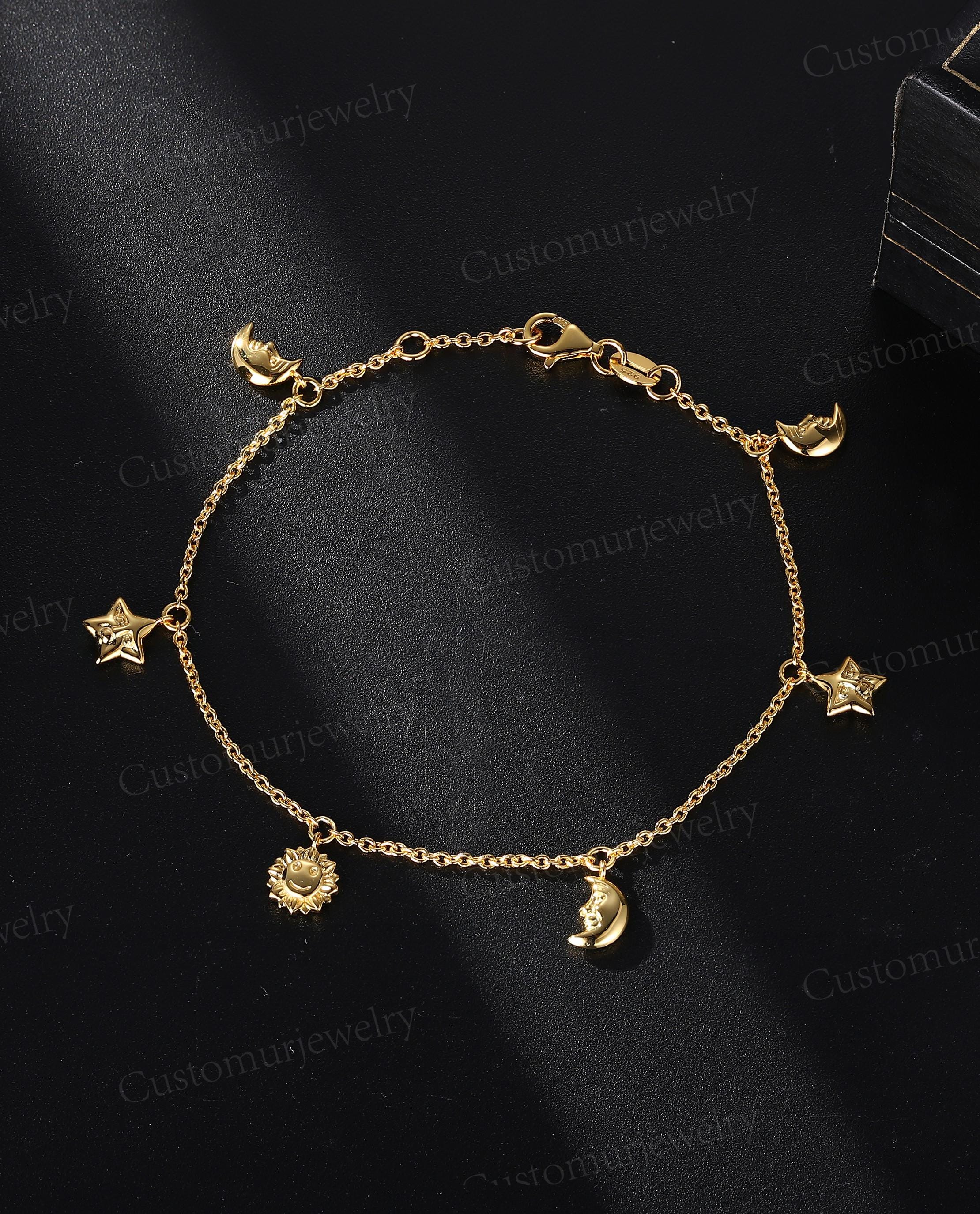Gold Celestial Charm Bracelet With Sun, Moon, and Star Pendants ...