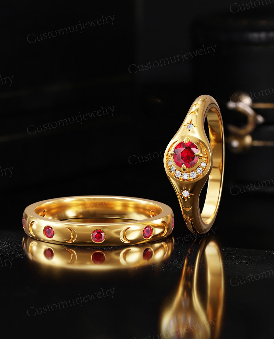 Unique Moon and Star Couple Rings With Ruby, His and Hers Matching Ruby ...