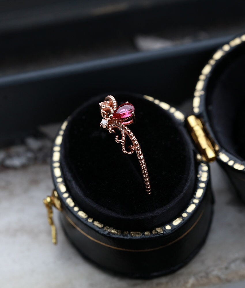 Curved ruby engagement ring rose gold diamond milgrain ring | Etsy