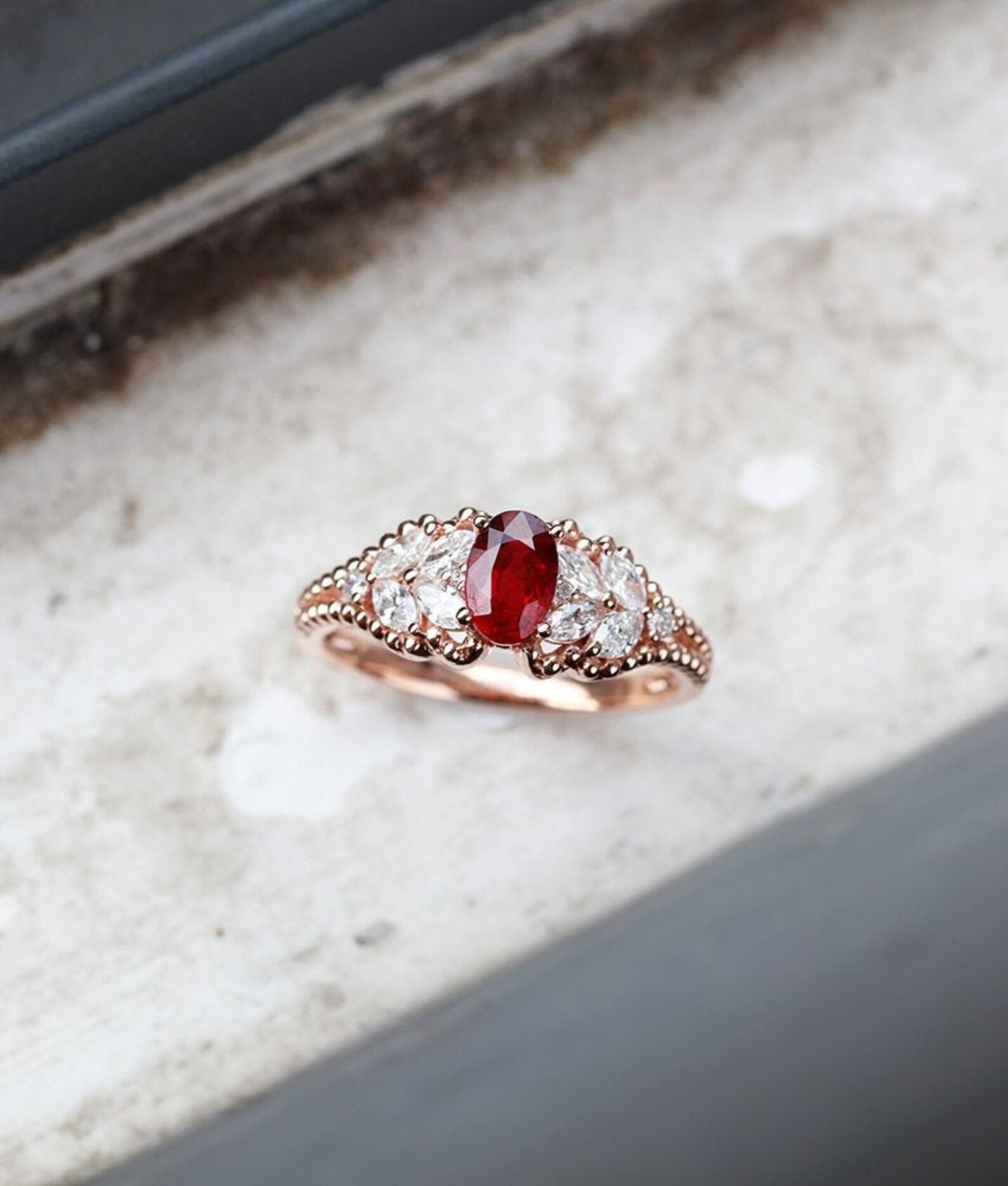 Vintage Ruby Engagement Ring Rose Gold Oval Cut Ring Marquise | Etsy