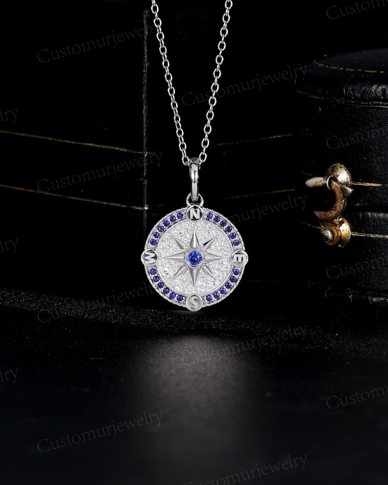 Compass Pendant With Lab Sapphire, 10K Gold Nautical Necklace, Blue ...