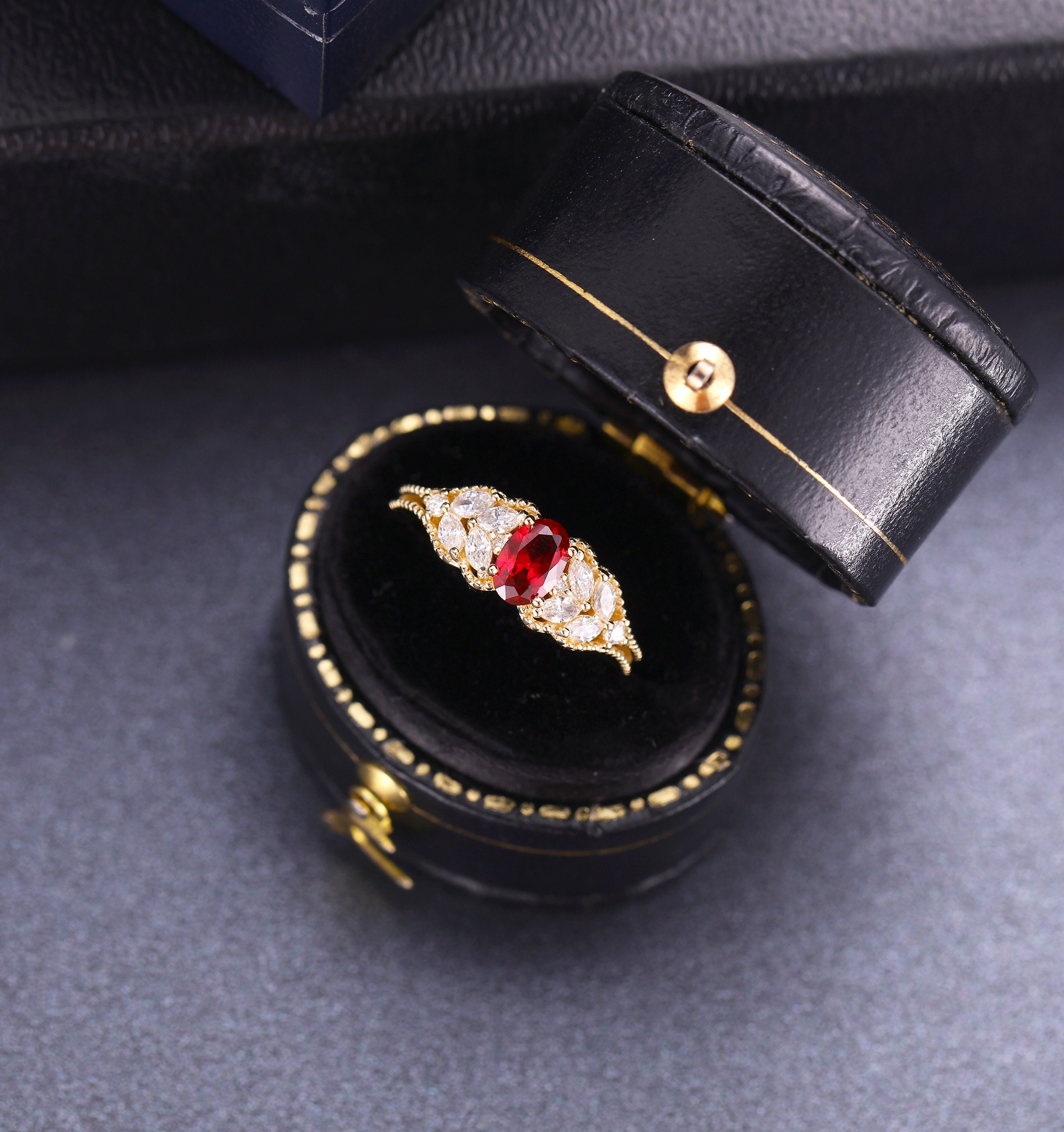 Vintage Ruby Engagement Ring Rose Gold Oval Cut Ring Marquise | Etsy